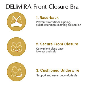 DELIMIRA Women's Front Closure Plus Size Full Coverage Lace Underwire Racerback Bra Black 40F