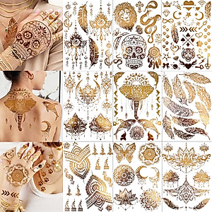 COKTAK 9 Sheets 88+ Designs Large Gold Metallic Temporary Tattoos For Women Boobs Girls Adults, 3D Flash Fake Golden Tattoo Stickers Eleplant, Tribal Bohemia Glitter Snake Tattoos Moon Lotus Body Art