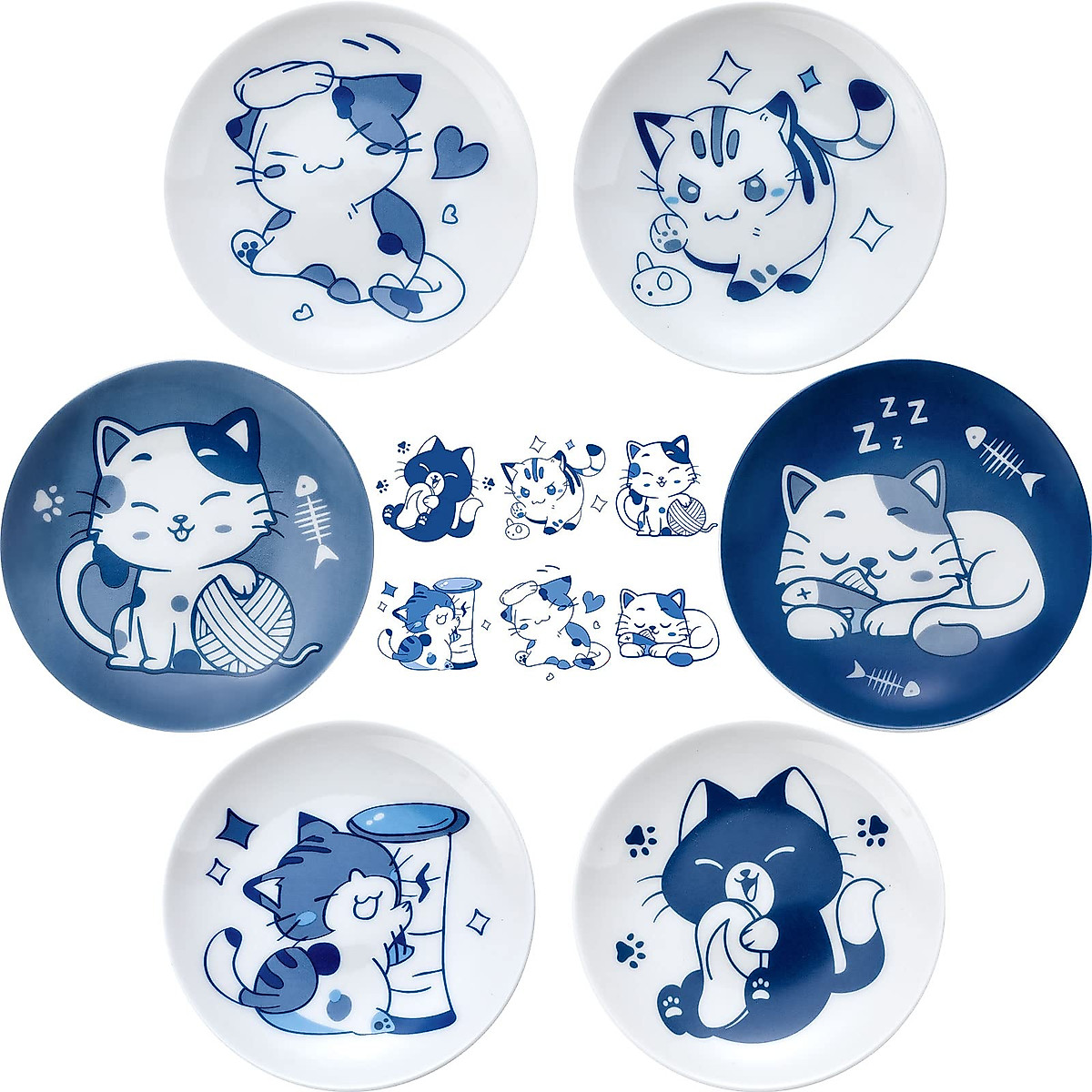 6 Pieces Soy Sauce Dish Japanese Small Cat Plates Set Ceramic Cute Cats Design Appetizer Dessert Sushi Salad Small Plate 3.94 x 0.8 Inches