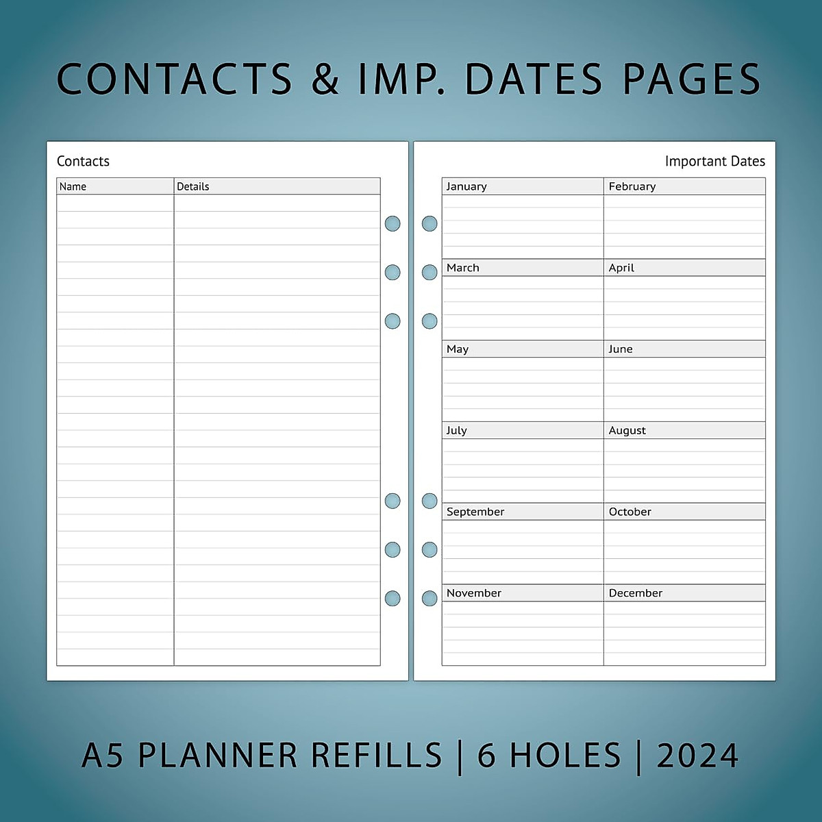 2024 Planner Refills - Weekly and Monthly Appointment Book Inserts, Tabbed, 6 Holes, A5 Size