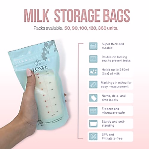 90 Count Zomee Breast Milk Storage Bags - 8 OZ/240 ML, Leak Proof, Double Zipper Seal, Self-Standing, for Storage of Breast Milk in Fridge or Freezer