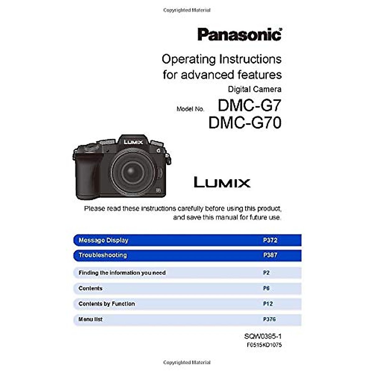 Panasonic Operating Instructions for advanced features. Digital Camera. Model No. DMC-G7, DMC-G70