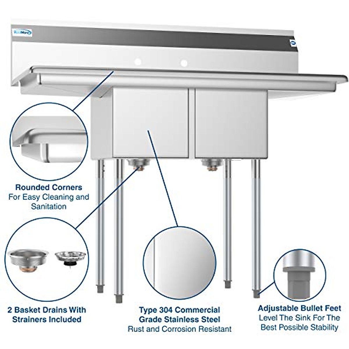 KoolMore - SB121610-12B3 2 Compartment Stainless Steel NSF Commercial Kitchen Prep & Utility Sink with 2 Drainboards - Bowl Size 12" x 16" x 10"