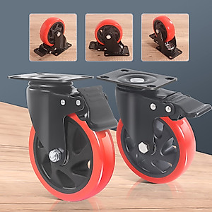 5 Inch Caster Wheels with Brake, Casters Set of 4 Heavy Duty 2000LBS, Safety Dual Locking Industrial Casters, Polyurethane Foam No Noise Wheels for Cart, Workbench(Two Hardware Kits Provided)