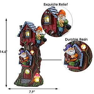 TERESA'S COLLECTIONS 14.8 Inch Tall Large Garden Gnome Statues with Solar Lights, Funny Garden Sculptures Treehouse Figurines Resin Lawn Ornaments for Outside Outdoor Patio Yard Decoration