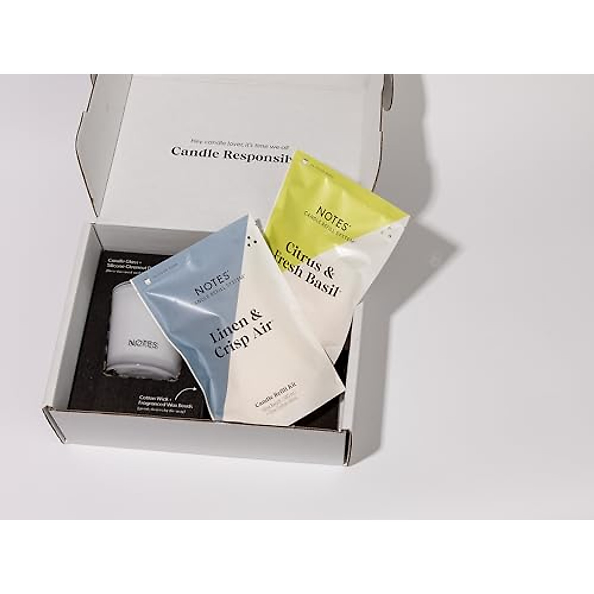 NOTES Sustainable Candle Starter Kit - Zesty Fresh Duo | Refillable & Reusable Candles | Fresh Scented Candles | 100% Natural Wax | Citrus & Fresh Basil and Linen & Crisp Air Candle Refills