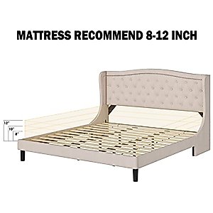 HOSTACK Full Size Bed Frame, Modern Upholstered Platform Bed with Wingback Headboard, Heavy Duty Button Tufted Bed Frame with Wood Slat Support, Easy Assembly, No Box Spring Needed(Beige, Full)