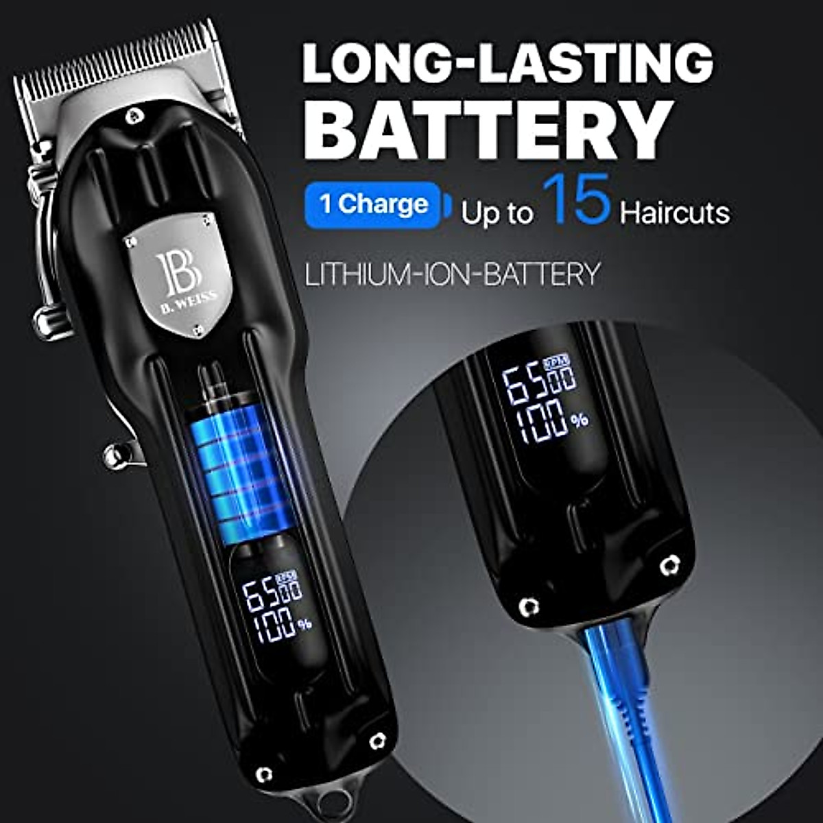 B. WEISS Professional Stainless Steel Hair Clippers for Home Use, Beginners Cordless Grooming Kit for Hair Cutting at Home, Beard, Body Hair,Rechargeable with LED Display