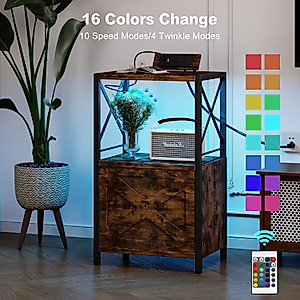 Homeiju Nightstand with Charging Station and LED Light, End Table with Large Drawers and Open Shelf, Side Table with USB Ports and Outlets, Bed Stand End Table for Bedroom, Rustic Brown