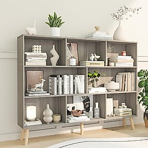 VICLLAX Wood 3 Tier Storage Shelf, 8 Cubes Free Standing Bookshelf with Legs, Display Bookcase for Living Room, Bedroom, Kids Room, Office, Grey