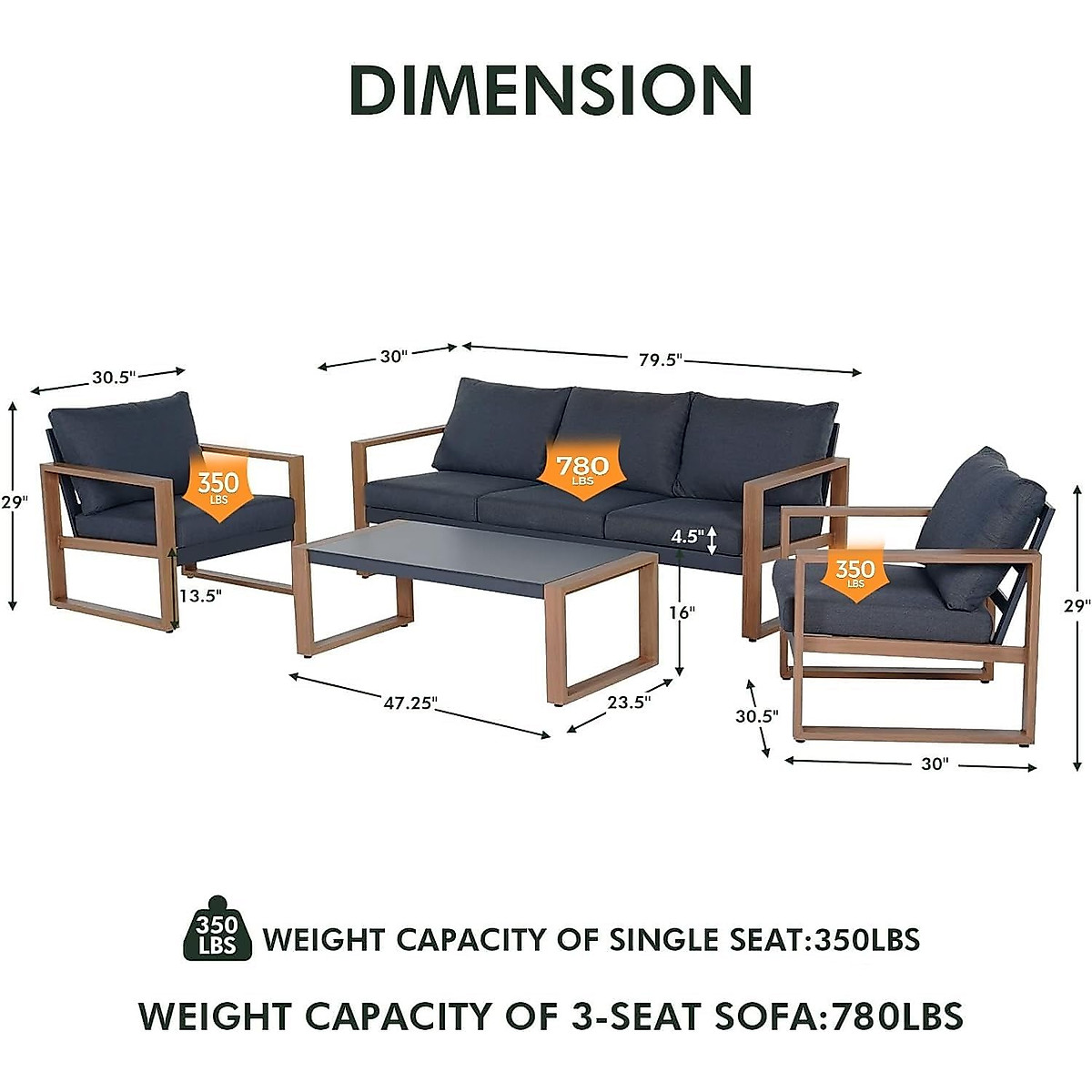 Grand patio Outdoor 4-Piece Modern Aluminum Patio Furniture Sets 5 Person Conversation Set, Faux Wood Grain Finish Frame Sofa with Removable Olefin Extra Thick Cushions and Coffee Table for Garden