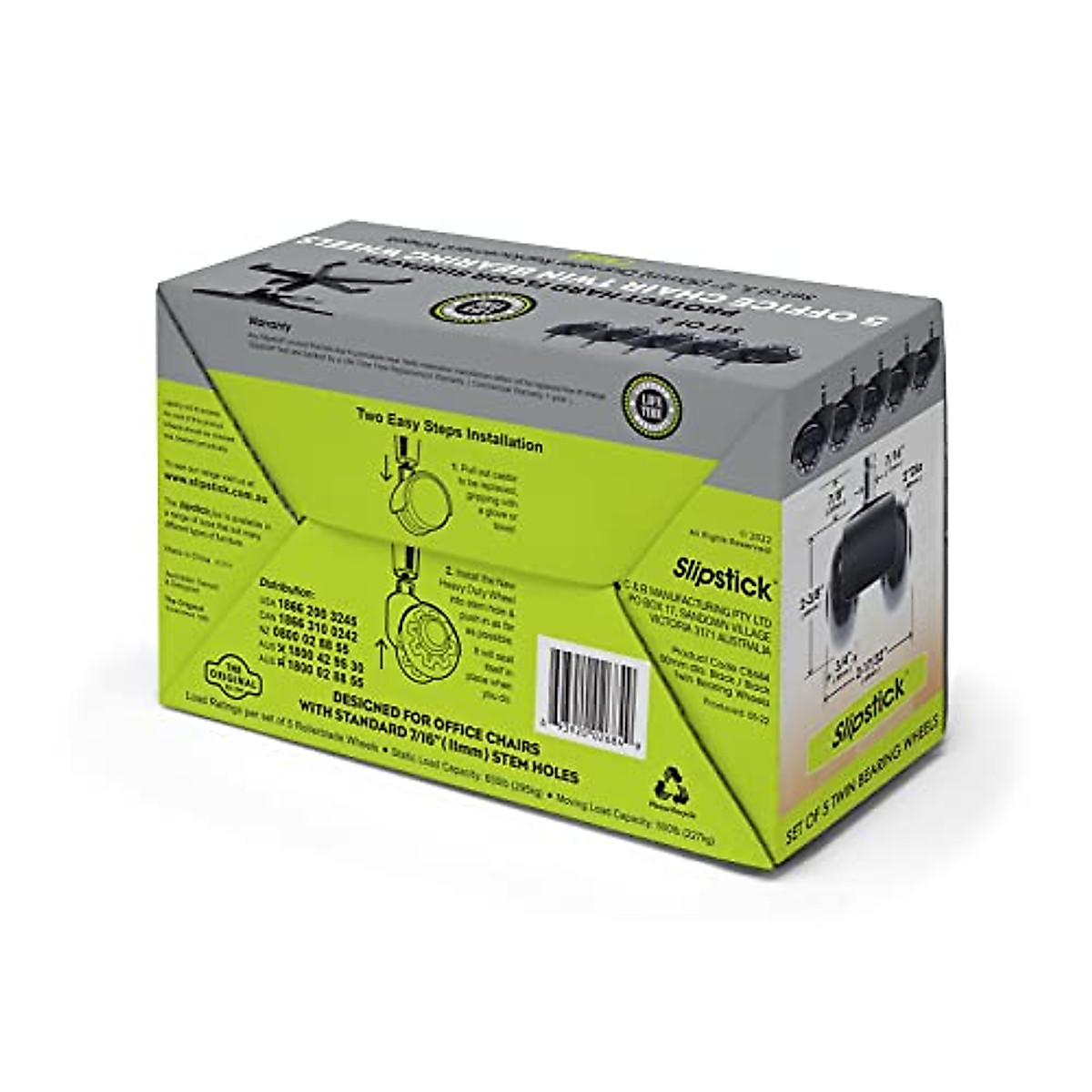 Slipstick Premium Rubber Office Chair Caster Wheel Replacements (Set of 5) for All Hard Surface Floors and Carpet, Heavy Duty 2 Inch Twin Rollerblade Chair Wheels with Universal Fit 7/16” Stem, CB684