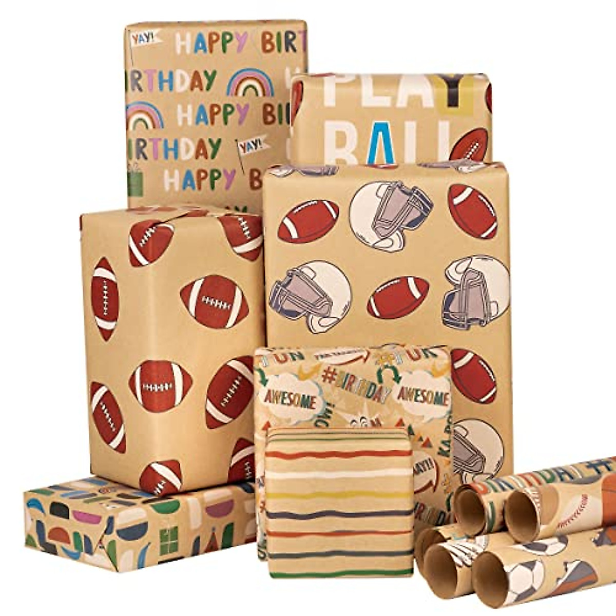 RUSPEPA Kraft Wrapping Paper Sheet - Football and Birthday Printed, Great for Boys, Baby Shower, Holiday - 12 Sheets Packed as 2 rolls - 17.5 x 30 Inch per sheet