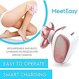Meeteasy Electric Leg Shaver for Women - Rechargeable Painless Lady Razor for Leg Face Lips Body Underarms Armpit - Female Cordless Bikini Trimmer (Gold)