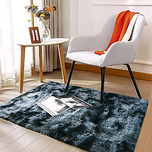Isdook Anti-Skid Rectangular Fuzzy Rug Fluffy Rug for Living Room Non-Slip Shag Fuzzy Rug for Nursery Tie-Dyed Blue Grey Rectangle 2x3 Feet