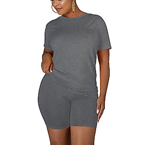 Kaximil Women's 2 Piece Club Outfits Casual Top T Shirt Biker Legging Shorts Set, Medium, Grey