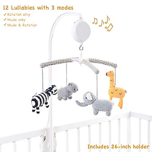 Joliecraft Woodland Safari Musical Baby Crib Mobile, Handmade Nursery Mobile Decor in White and Gray