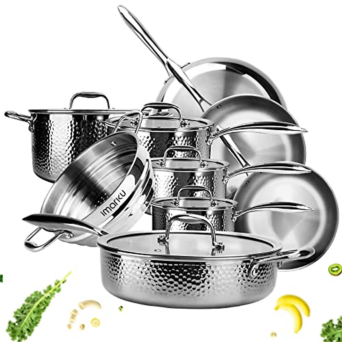 imarku Stainless Steel Pots and Pans Set, 14-Piece Tri-Ply Hammered Stainless Steel Cookware Set, Professional Induction Kitchen Cookware Sets, Oven Dishwasher Safe, Non Toxic PFAS Free, Silver