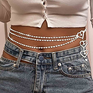 Bniealsy Rhinestone Waist Belly Chain Silver Heart Body Chain Sexy Body jewelry for Women
