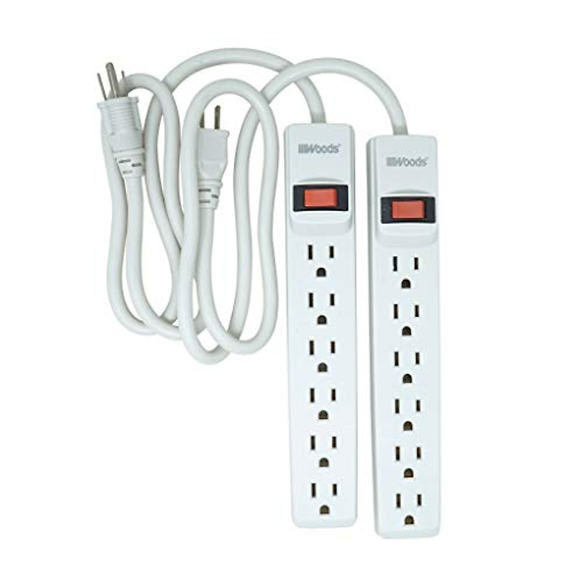 Woods 41435 Power Strip with 6 Outlets, 2.5’ Cord and Durable White Housing, 2 pack, 2-Pack