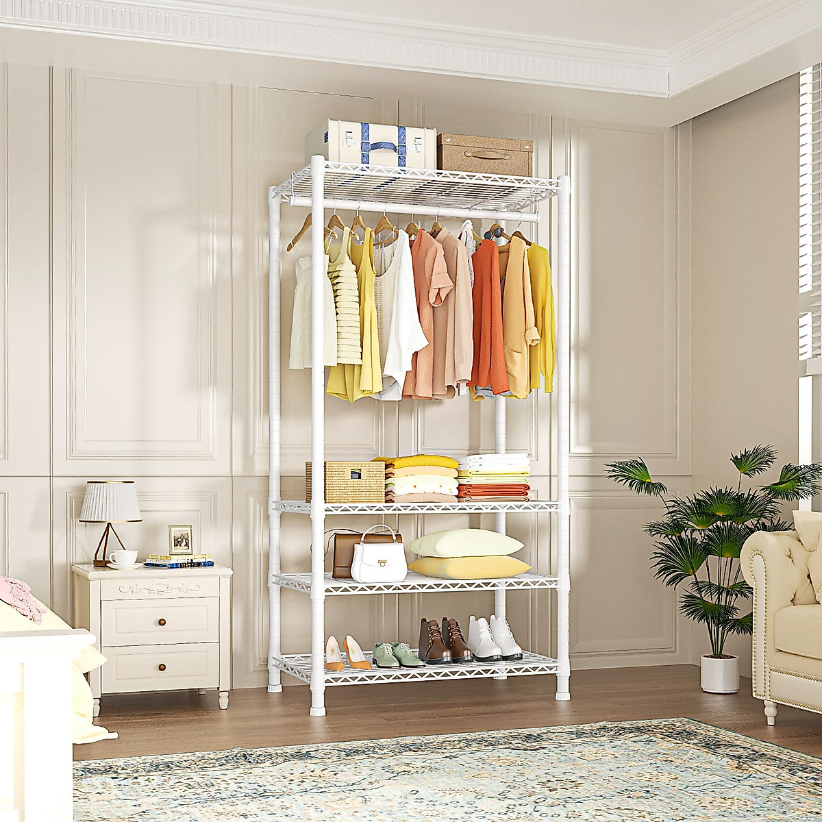 Ulif H2 Heavy-Duty Portable Closets, 4-Tier Freestanding Garment Rack Suit for Small Space and Corner, Closet Organizer System Portable Closet Wardrobe, Max Load 500 LBS, White