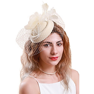 Cizoe Fascinators Hats 20s 50s Hat Pillbox Hat Cocktail FlowerTea Party Headwear with Veil for Girls and Women(Beige)