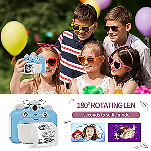 Instant Print Digital Kids Camera,Selfie 1080P Video Camera for Kid with 180° Rotating Len,32GB TF Card,Print Paper,Color Pens Set,Rechargeable Toy Camera for 3-12 Years Old Girls Boys Birthday (Blue)