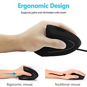 Ergonomic Vertical USB Wired Mouse, Left Handed Optical Mouse, 3 Adjustable DPI 800/1200/1600, 6 Programmable Buttons, Universal Gaming Mouse for Laptop, Desktop, Notebook, PC, Computer (Black)
