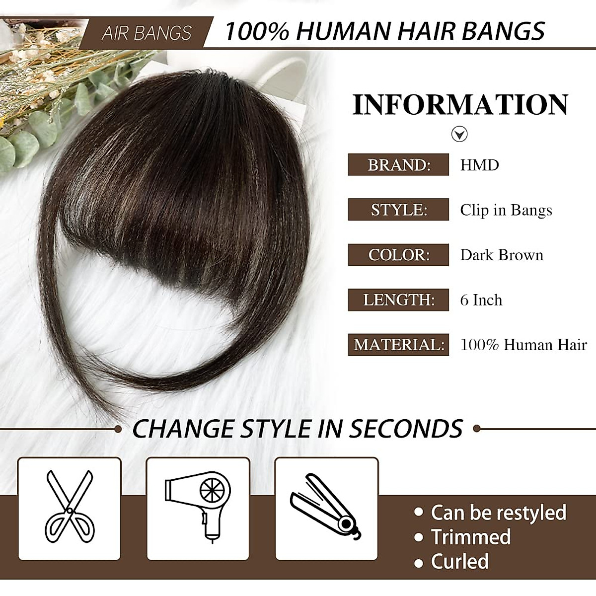 HMD Bangs Hair Clip in Bangs Real Human Hair Wispy Bangs Fringe with Temples Hairpieces for Women Clip on Air Bangs Flat Neat Bangs Hair Extension for Daily Wear (Wispy Bangs, Dark Brown)