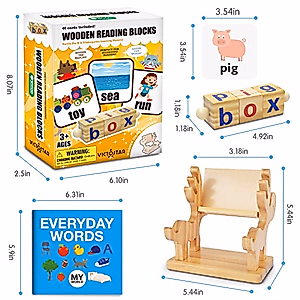 Montessori Toys for 3 4 5 Years Old Wooden Reading Blocks CVC Sight Words Game for Toddlers Letter Flash Cards for Kindergarten Kids Learning Educational Alphabet Phonics for Preschool Girls Boys