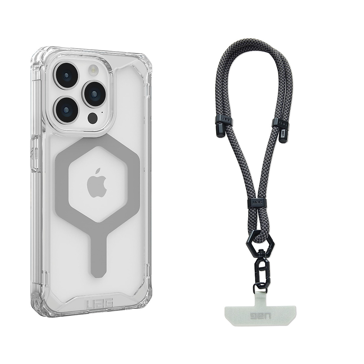 URBAN ARMOR GEAR UAG Designed for iPhone 15 Pro Case Plyo Ice/Silver 6.1" Compatible with MagSafe Bundle with UAG Civilian Phone Lanyard Adjustable Wrist Strap Graphite/Black