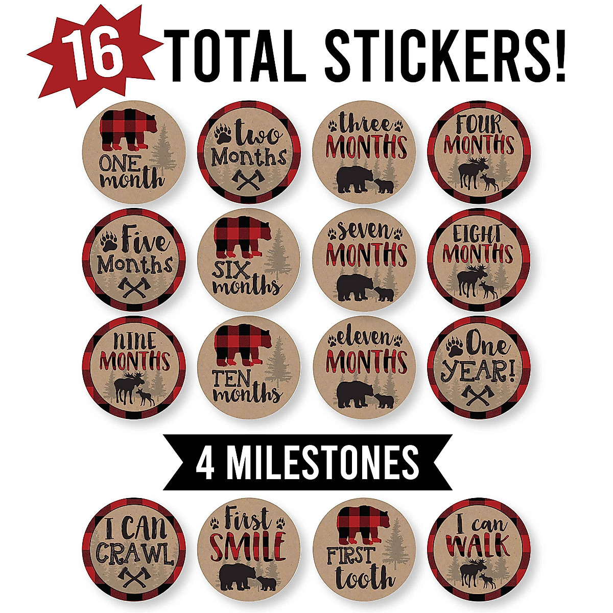 16 Monthly Baby Milestone Stickers Boy - Lumberjack Baby Monthly Milestone Stickers for Baby Boy, Milestone Baby Monthly Stickers, Baby Month Stickers for Baby Photo Props, Monthly Baby Stickers Boy