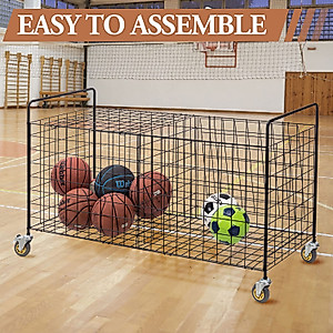 MyGift X-Large Capacity Black Metal Sports Ball and Gym Equipment Storage Rolling Cart with 2 Compartments, Lock Latch and Heavy-Duty Locking Caster Wheels, Garage Ball and Gear Organizer Holder