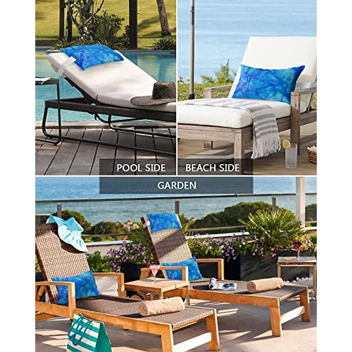 Recliner Head Pillow Ledge Loungers Chair Pillows with Insert Abstract Mystic Mottled Blue Tree Shadow Lumbar Pillow with Adjustable Strap Outdoor Waterproof Patio Pillows for Beach Pool, 2 PCS