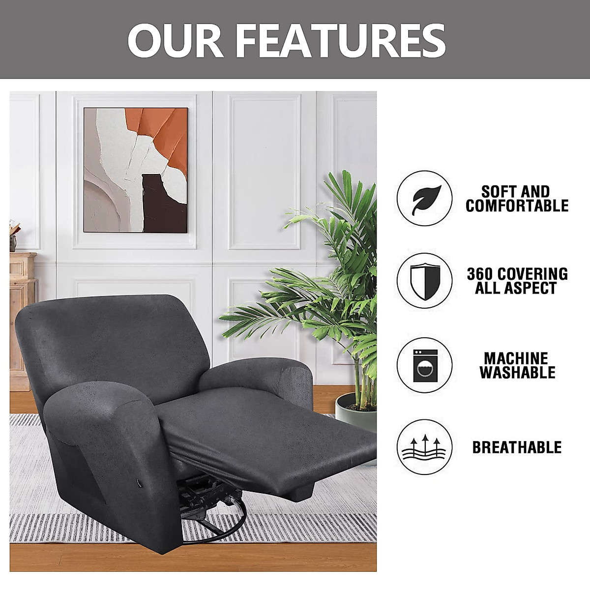 molasofa Recliner Chair Covers - 4 Pieces Leather Like Large Recliner Covers with Pocket Soft Stretch Recliner Slipcover for Lazy Boy Recliner Chair Washable Furniture Protector (Dark Grey)