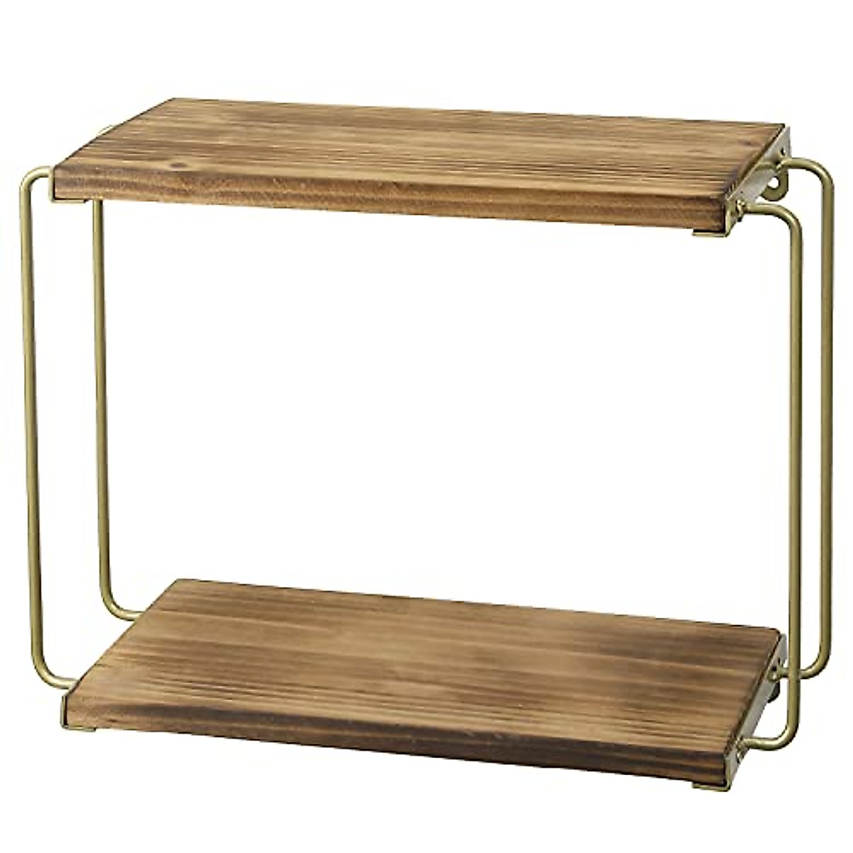 MyGift 2-Tier Burnt Wood Wall Mounted Display Shelves with Vintage Brass Metal Frame