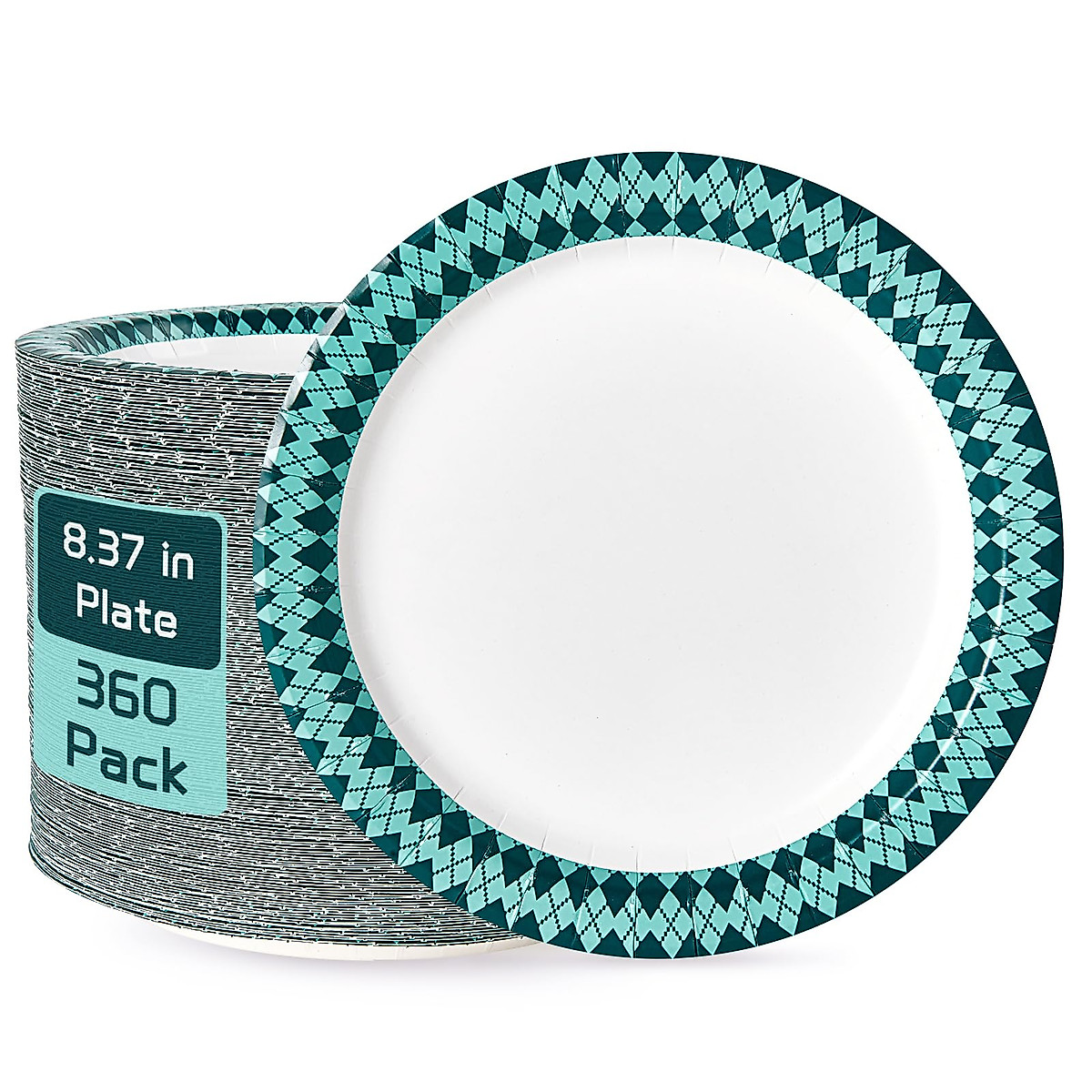 JOLLY PARTY Paper Plates Disposable, 360 Count 8.37 inch Dinner Paper Plates, Soak Proof Disposable Plates, Cut Proof Paper Plates for Everyday Use, Diamond Pattern Rim Design