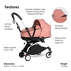 BABYZEN YOYO2 White Frame + Ginger Bassinet - Includes Thick Double Mattress, Ventilated Shell & Canopy