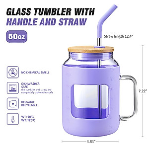 WINSA 50 oz Glass Water Bottles with Silicone Sleeve,Glass Tumbler with Lid and Straw,Iced Coffee Cup with Handle,BPA Free-Purple
