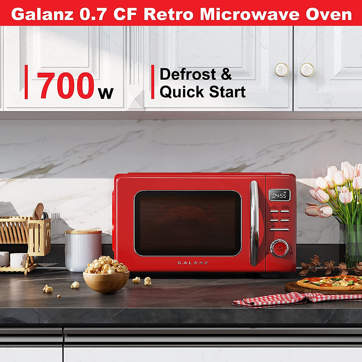 Galanz GLCMKZ07RDR07 Retro Countertop Microwave Oven with Auto Cook & Reheat, Defrost, Quick Start Functions, Easy Clean with Glass Turntable, Pull Handle.7 cu ft, Red
