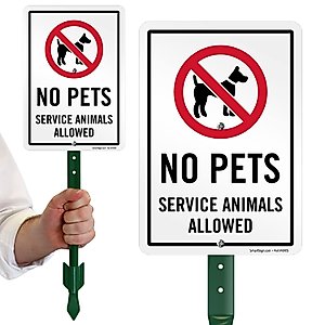 SmartSign 10 x 7 inch “No Pets - Service Animals Allowed” LawnPuppy Yard Sign and 18 inch Stake Kit, 40 mil Laminated Rustproof Aluminum, Red, Black and White, Set of 1, Made in USA
