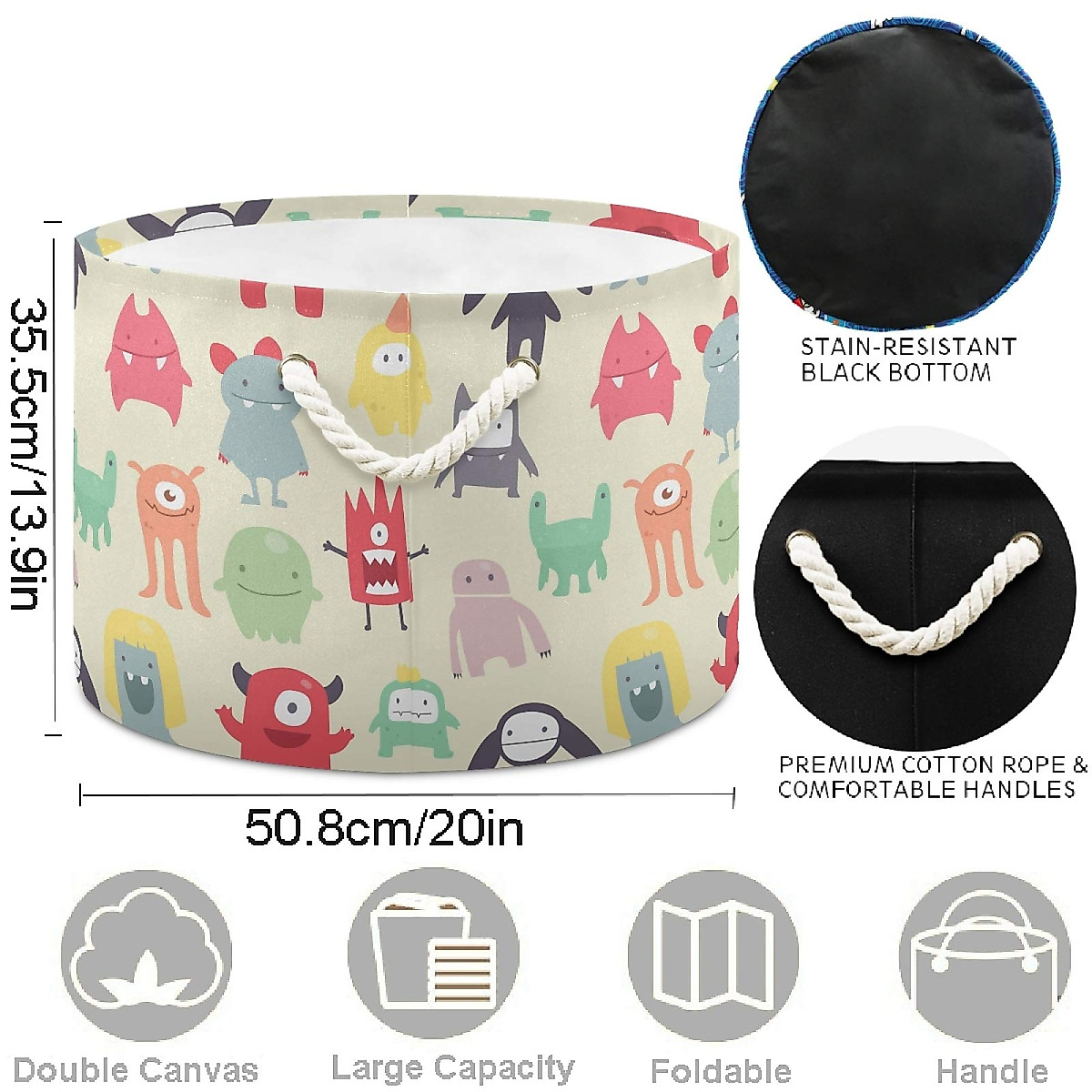 visesunny Collapsible Large Capacity Basket Cute Monster Colored Patterned Clothes Toy Storage Hamper with Durable Cotton Handles Home Organizer Solution for Bathroom, Bedroom, Nursery, Laundry,Closet