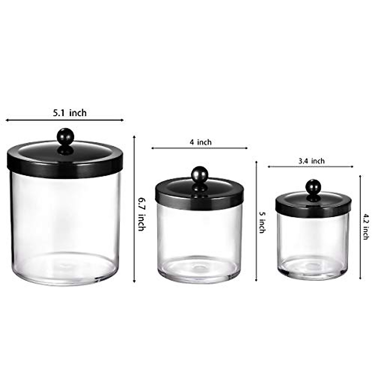 Premium Quality Apothecary Jars - Clear Plastic Storage Jars with Rust Proof Stainless Steel Lids - Bathroom Vanity Countertop Storage Organizer Canister Holder House Decor | Set of 3 (Black)