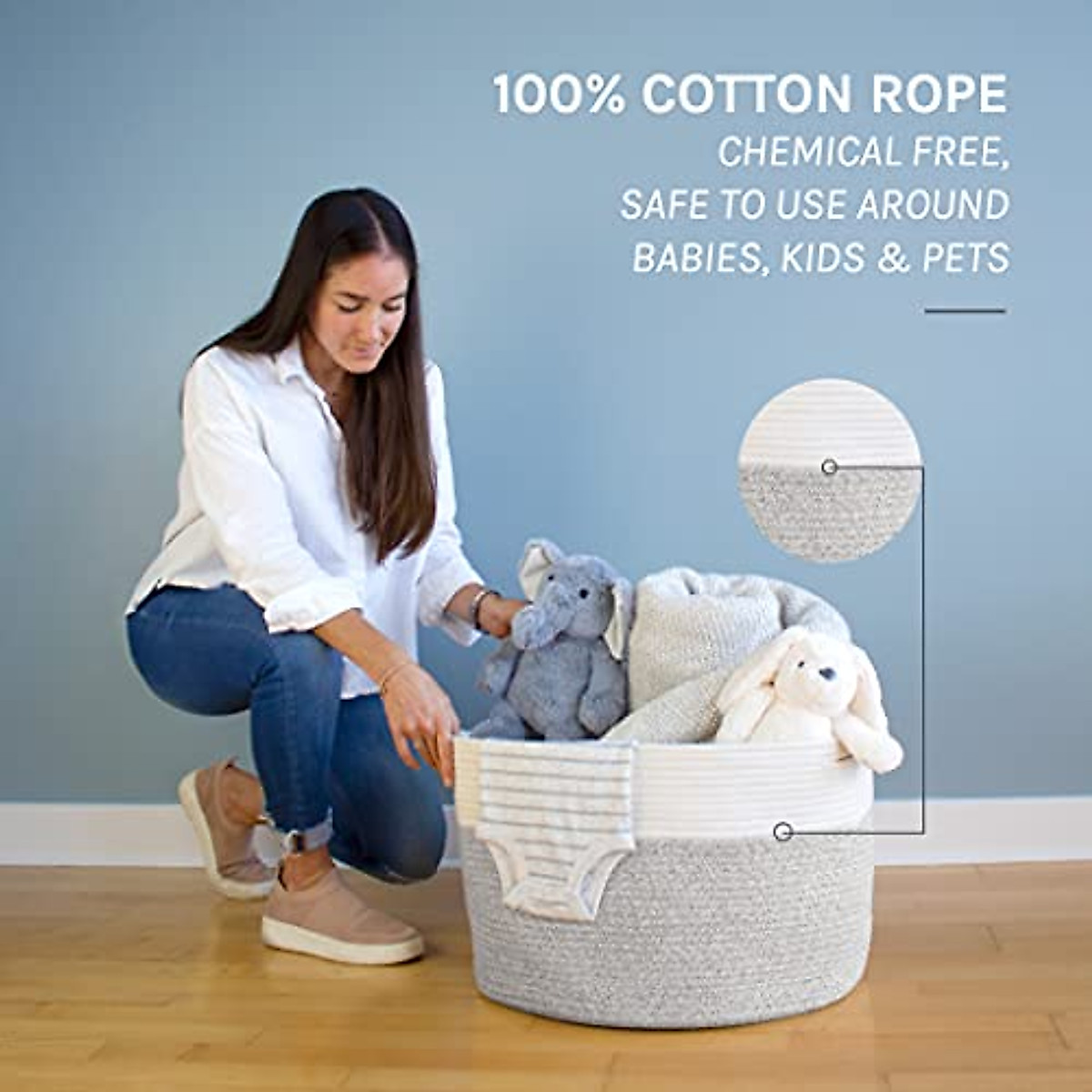 Cotton Rope Storage Basket, Extra Large Woven Basket with Handles for Living Room, Big Organizer for Throw Blankets Pillows Laundry Towels Nursery Toy Bin for Baby & Kids 20" x 20" x 13" Live Momento