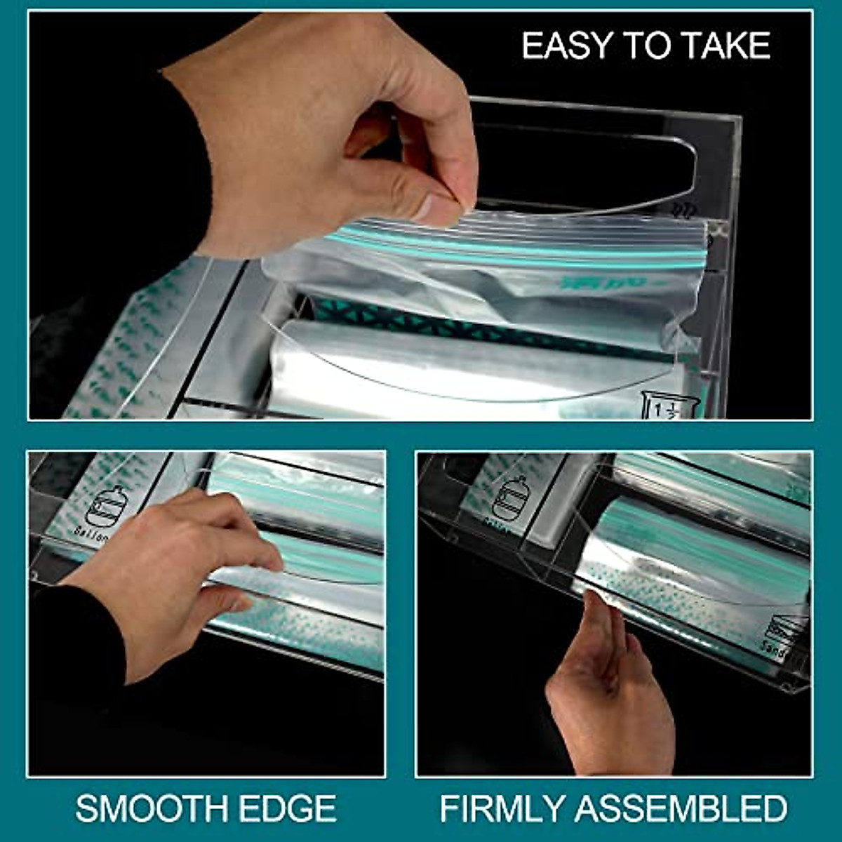 Ziplock Bag Storage Organizer Holders Acrylic Food Plastic Baggie Dispenser Applicable Kitchen Drawer and Pantry Compatible With Ziploc,Sandwich, Glad,Gallon,Snack,Quart Size Bag