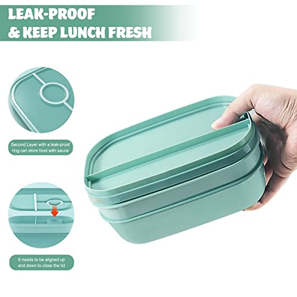 Landmore Bento Box Adult Lunch Box, 3 Stackable Bento Lunch Containers for Adults/Kids, 3 Layers All-in-One Bento Box with Utensil Set, Leak-Proof Bento Box for Dining Out, Work, Picnic, School Green