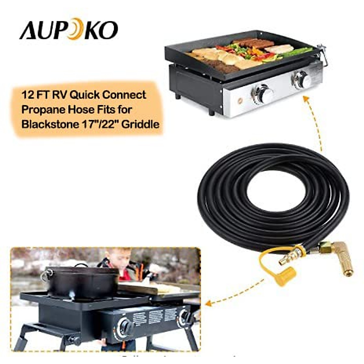 Aupoko Propane Elbow Adapter with Extension Hose, 12 FT Propane Quick Connect Propane Hose RV to Grill for Blackstone 17" and 22" Griddle, Quick Connect Hose for Rv Grill Camp Stove Portable Fire Pit