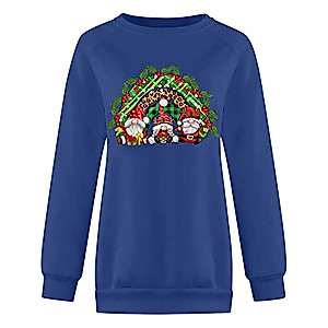 Christmas T Shirts for Women Long Sleeve Vintage Print Graphic Xmas Sweatshirt Crewneck Pullover Tops Ugly Sweater Blouses Blue