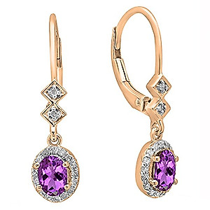 Dazzlingrock Collection 14K 6X4 MM Each Oval Amethyst & Round Diamond Ladies Halo Dangling Drop Earrings, Rose Gold