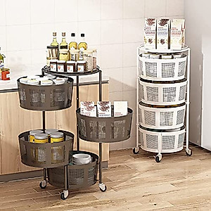 Rotating Kitchen Storage Rack 4 Tier Round Metal Baskets on Wheels Floor-Standing Fruit and Vegetable Storage Basket Household Storage Rack for Bathroom Kitchen Living Room, White
